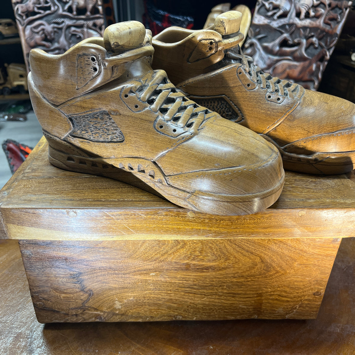 Pair of Jordan 5 V3.1 Hand Carved Mahogany Display Piece with Wooden B ...